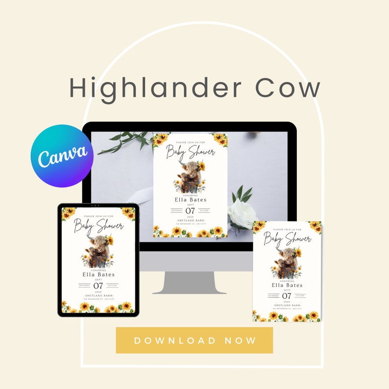 Sunflower Highlander Cow Baby Shower | 5x7 Invitation | Digital ...
