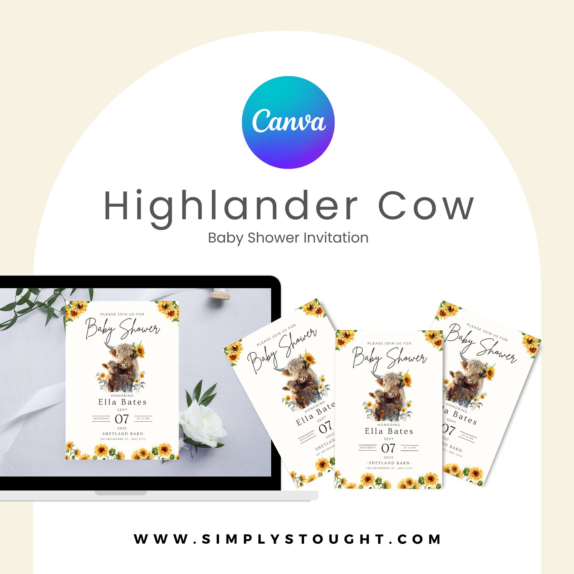 Sunflower Highlander Cow Baby Shower | 5x7 Invitation | Digital ...