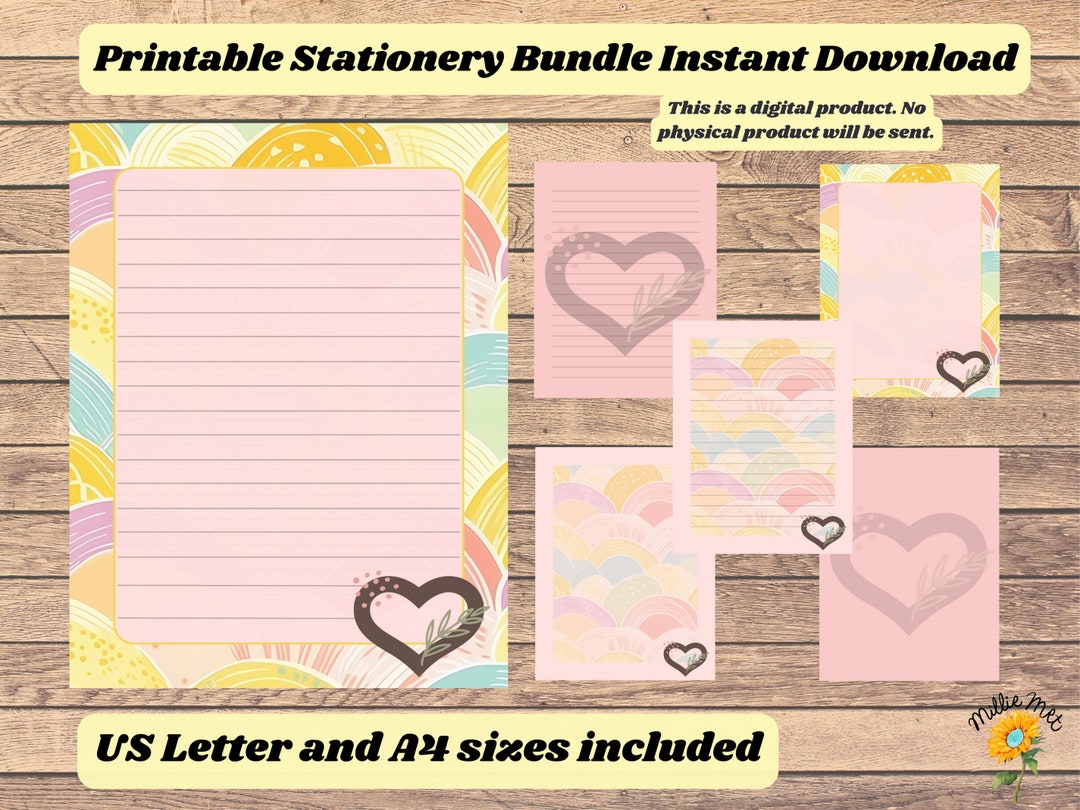 Printable Stationery of Boho Rainbows and Heart Bundle, Letter Writing ...