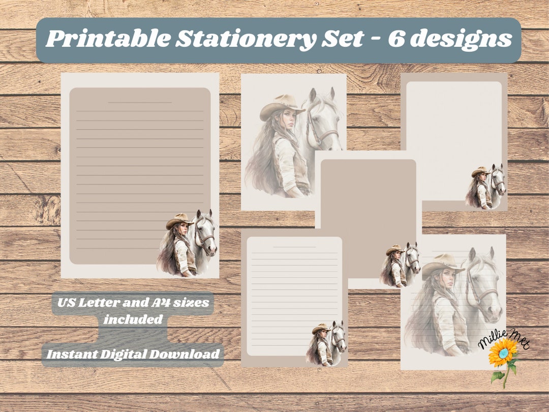 Brunette Cowgirl With Horse Printable Stationery, Letter Writing Paper ...