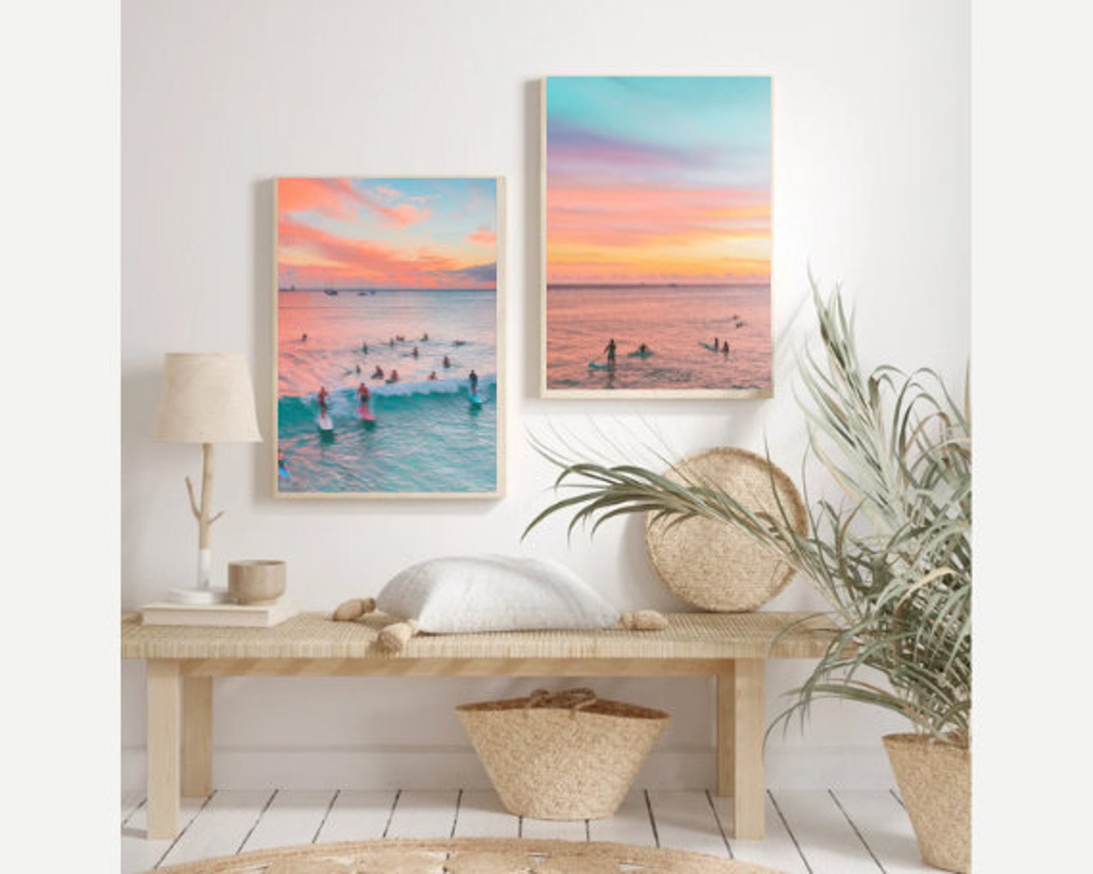 Sunrise Prints Set of 3 Surfer Coastal Wall Art Pink Sunset Gallery ...