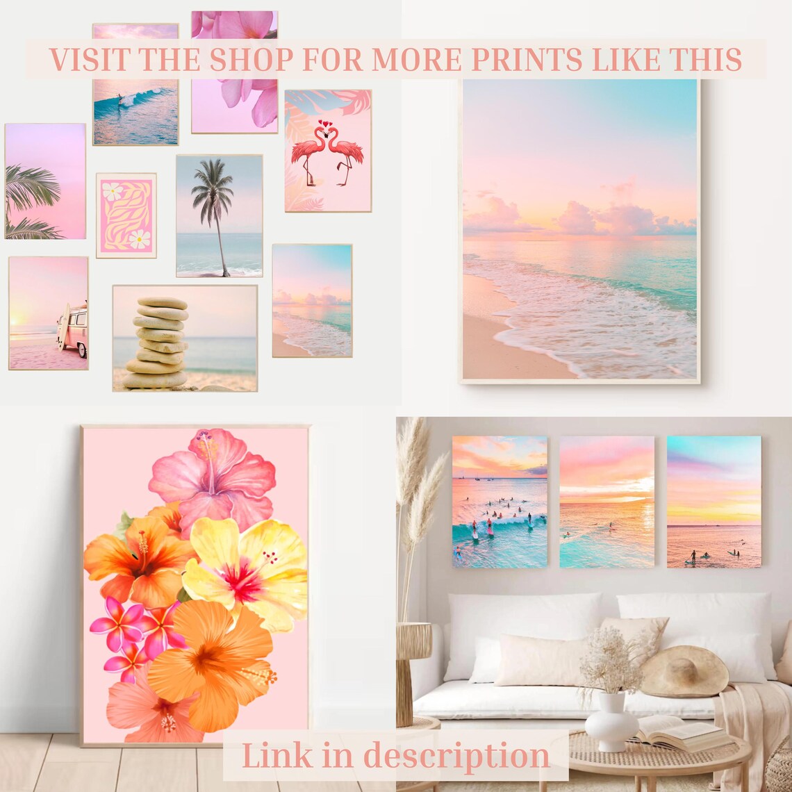Sunrise Prints Set of 3 Surfer Coastal Wall Art Pink Sunset Gallery ...