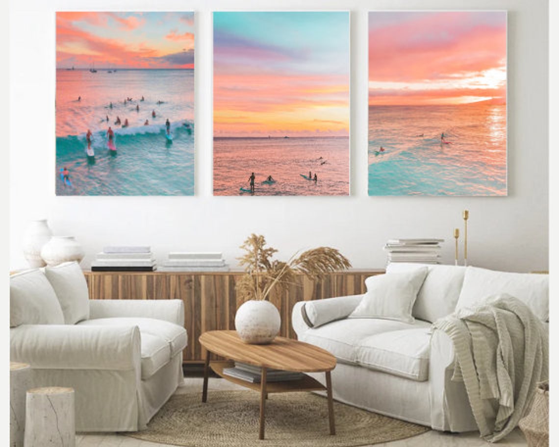 Sunrise Prints Set of 3 Surfer Coastal Wall Art Pink Sunset Gallery ...