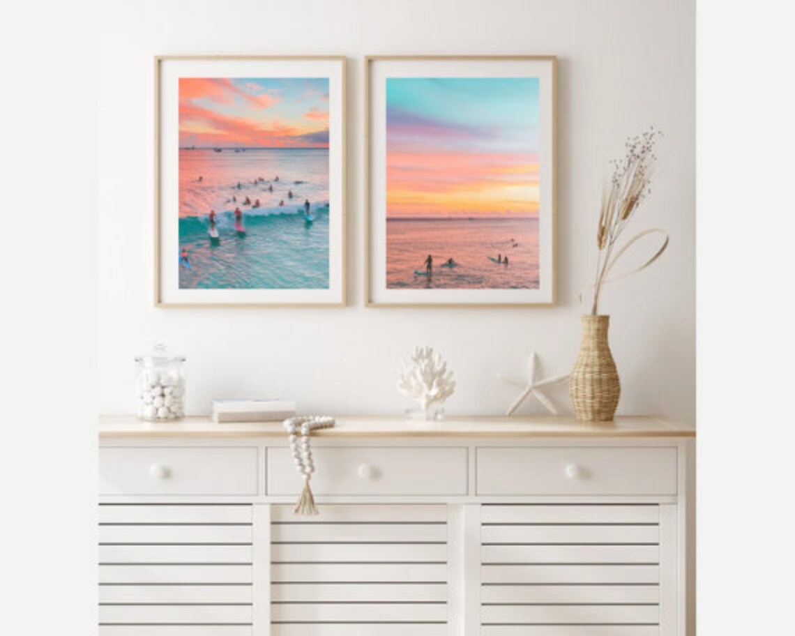 Sunrise Prints Set of 3 Surfer Coastal Wall Art Pink Sunset Gallery ...