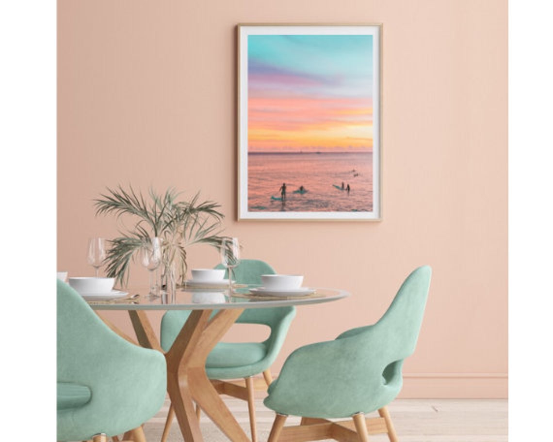 Sunrise Prints Set of 3 Surfer Coastal Wall Art Pink Sunset Gallery ...