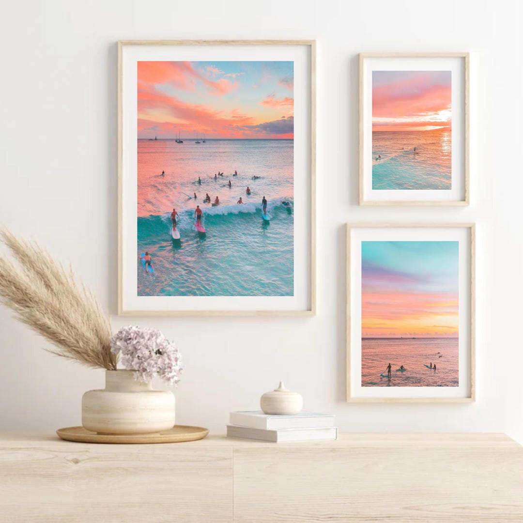 Sunrise Prints Set of 3 Surfer Coastal Wall Art Pink Sunset Gallery ...