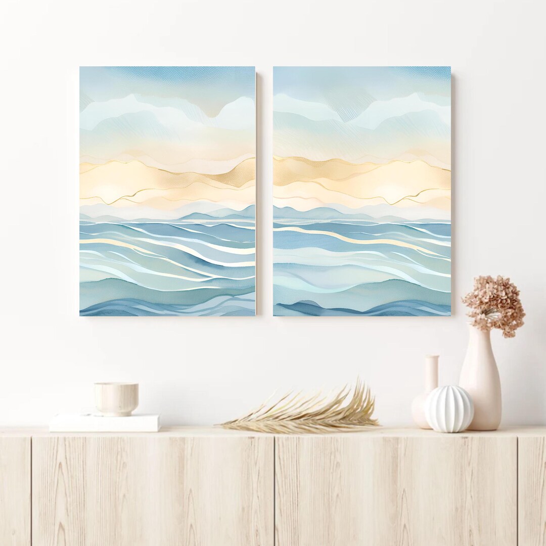 Coastal Watercolor Ocean Print Set of 2 Teal Ocean Waves Wall Decor ...