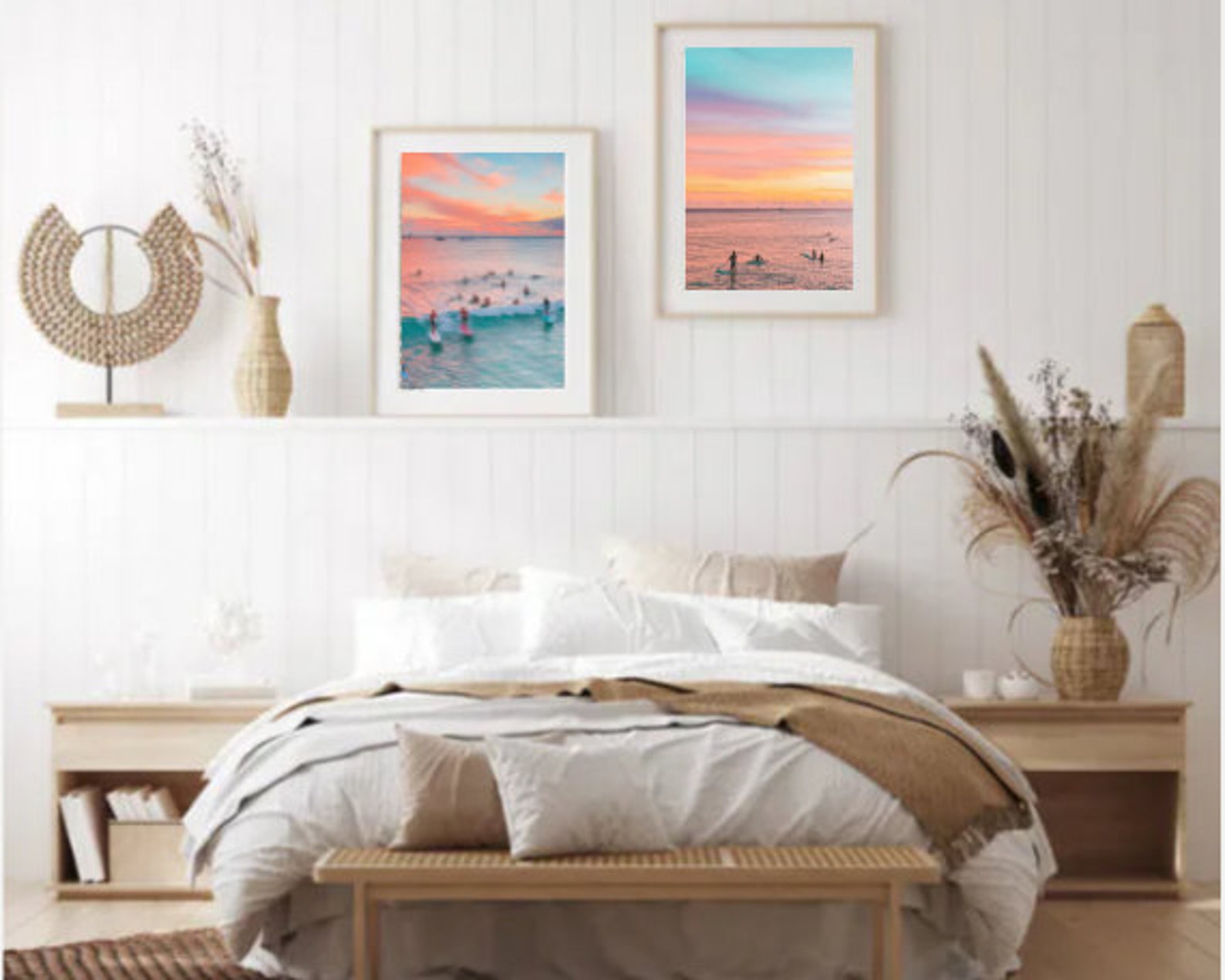 Sunrise Prints Set of 3 Surfer Coastal Wall Art Pink Sunset Gallery ...