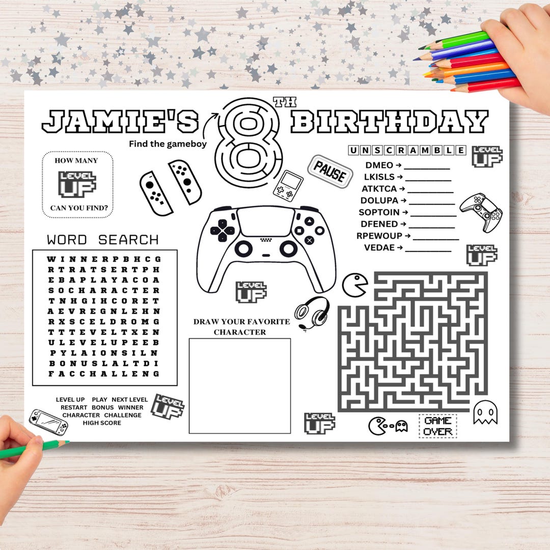 Video Game Birthday Activity Sheet Gamer Birthday Party Favor Gaming ...
