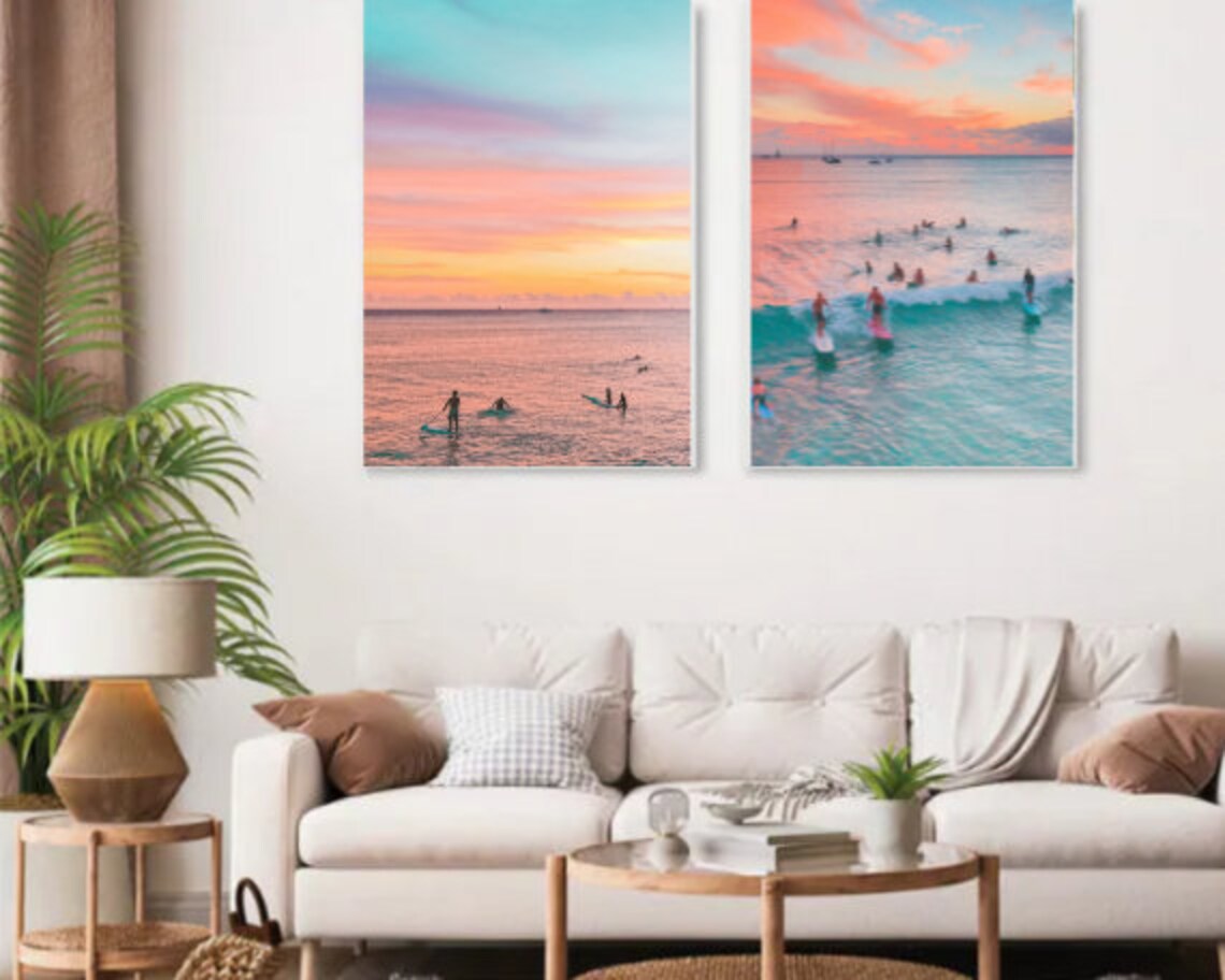 Sunrise Prints Set of 3 Surfer Coastal Wall Art Pink Sunset Gallery ...