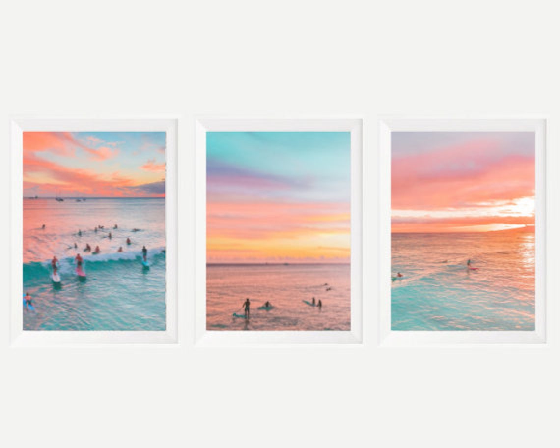 Sunrise Prints Set of 3 Surfer Coastal Wall Art Pink Sunset Gallery ...