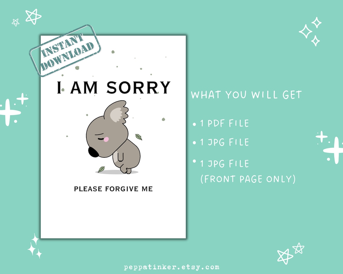 Printable Sad Koala Sorry Card, Cute Apology Card, Printable Sorry Card ...
