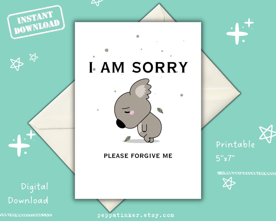 Printable Sad Koala Sorry Card, Cute Apology Card, Printable Sorry Card ...