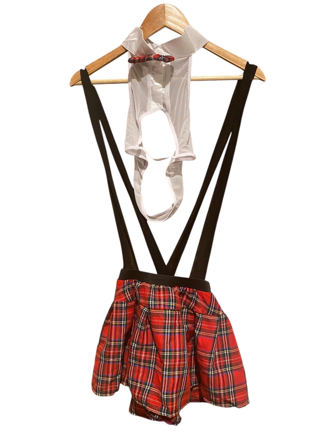 School Girl Red Plaid Skirt/suspenders & White Collar Costume Size ...
