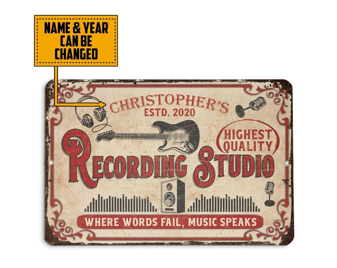 Recording Studio Retro Sign, Music Room Sign, Guitar Bass Sign, Studio ...