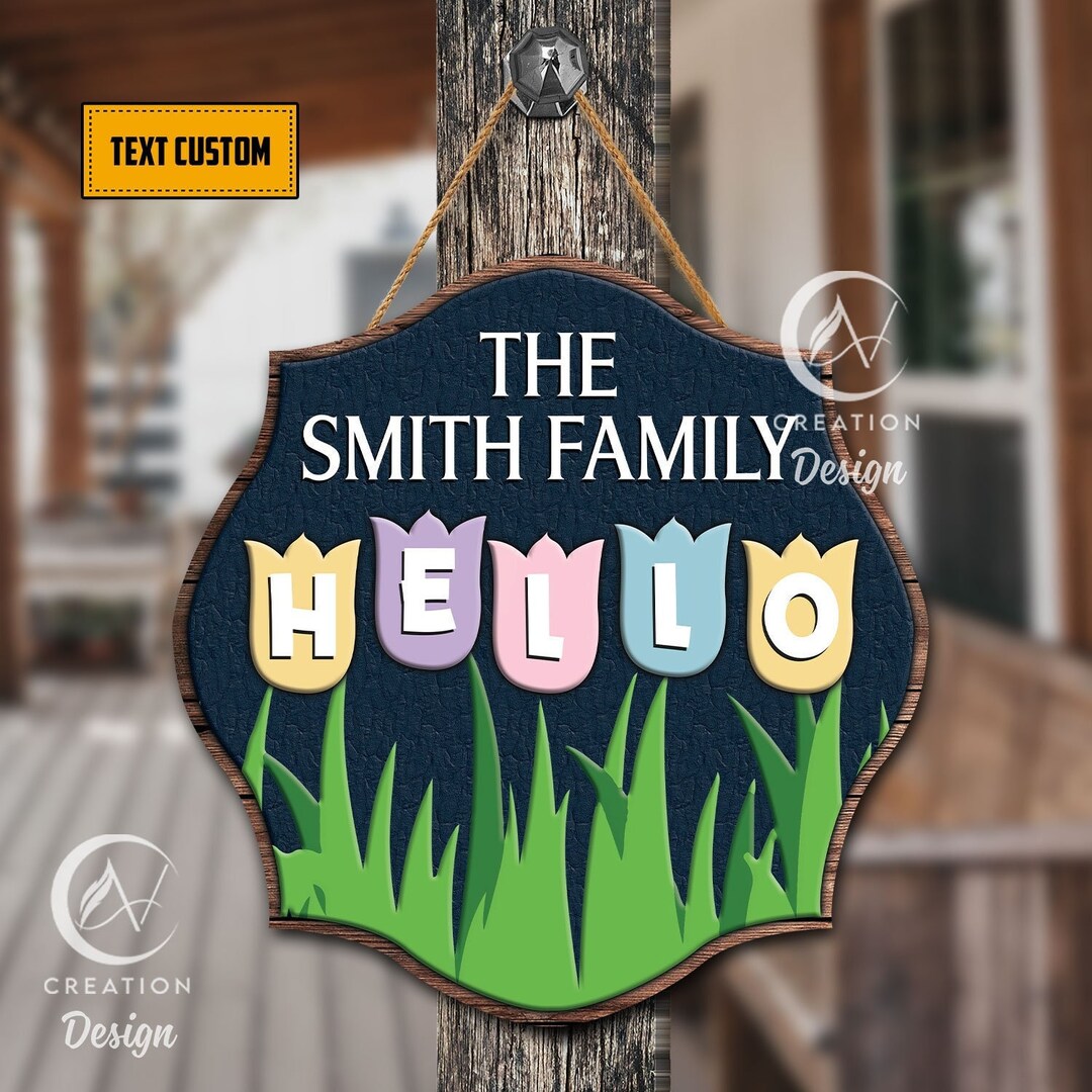 Hello Tulip Home Wood Sign, Flower Home Shape Sign, Personalized Family ...