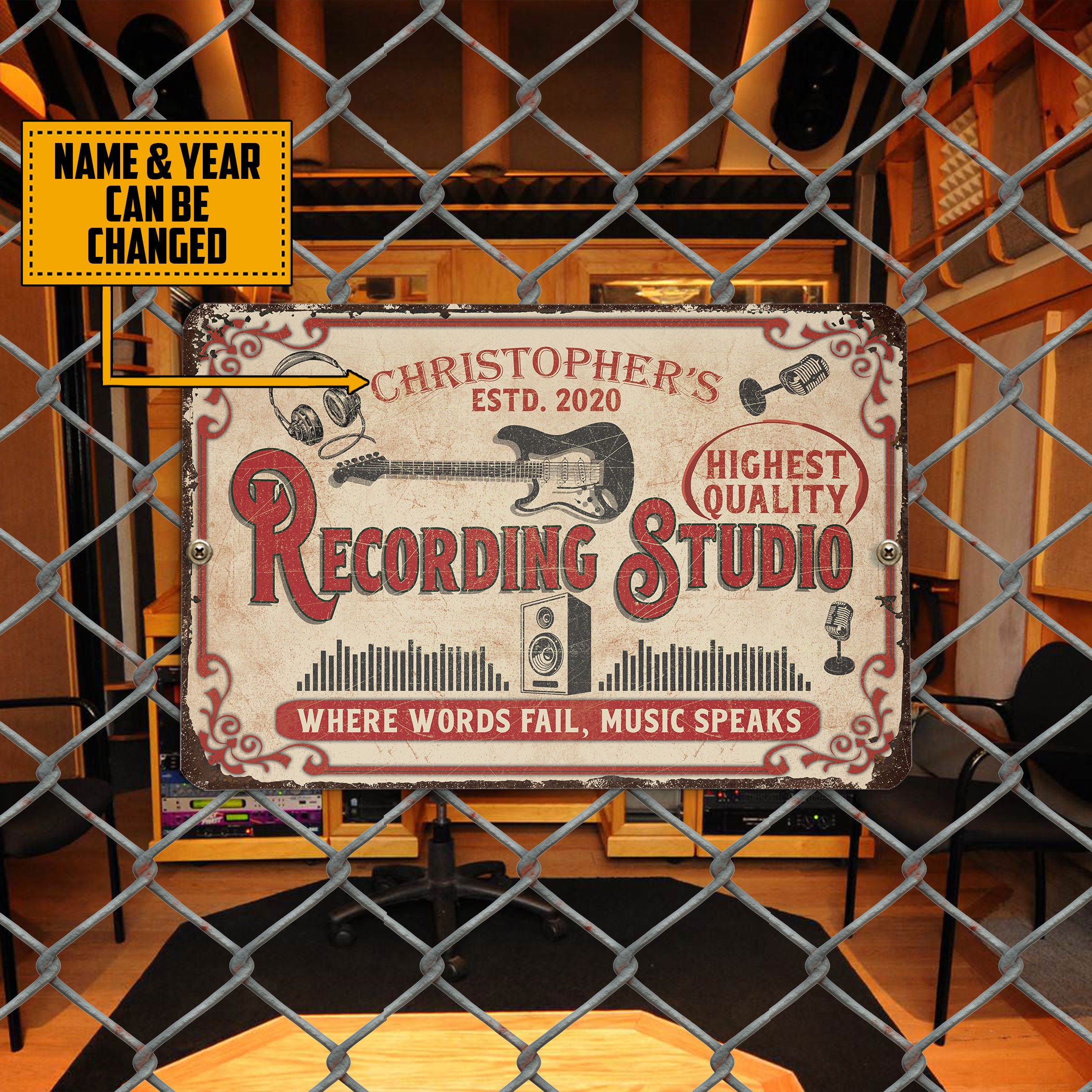 Recording Studio Retro Sign, Music Room Sign, Guitar Bass Sign, Studio ...