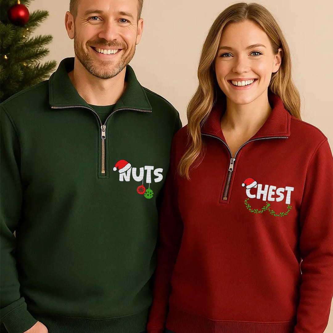 Chest Nuts Funny Christmas Quarter Zip Sweatshirt, Couple Matching Xmas ...