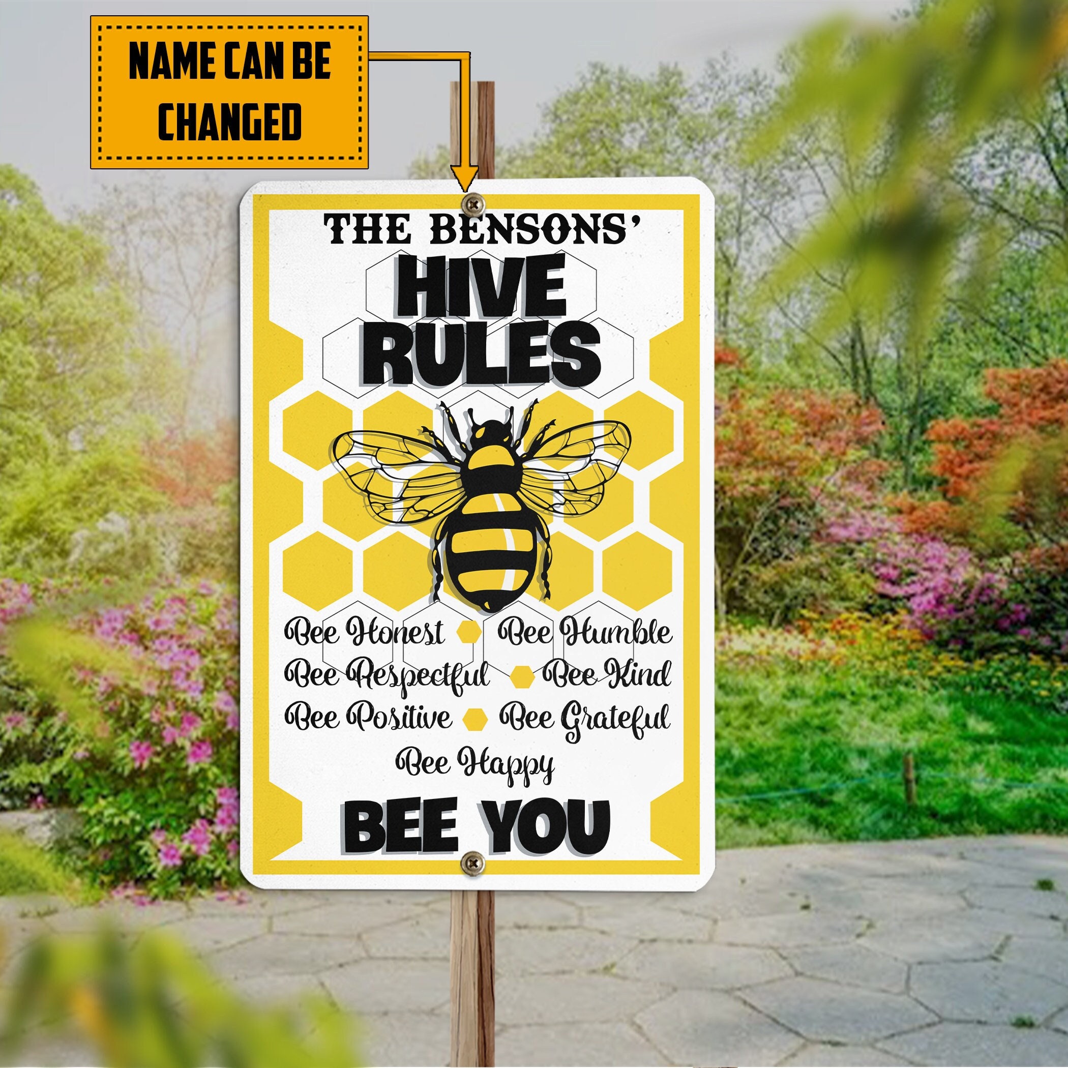 Personalized Hives Rules Be Kind Metal Sign, Garden Bumblebee Sign, Bee ...