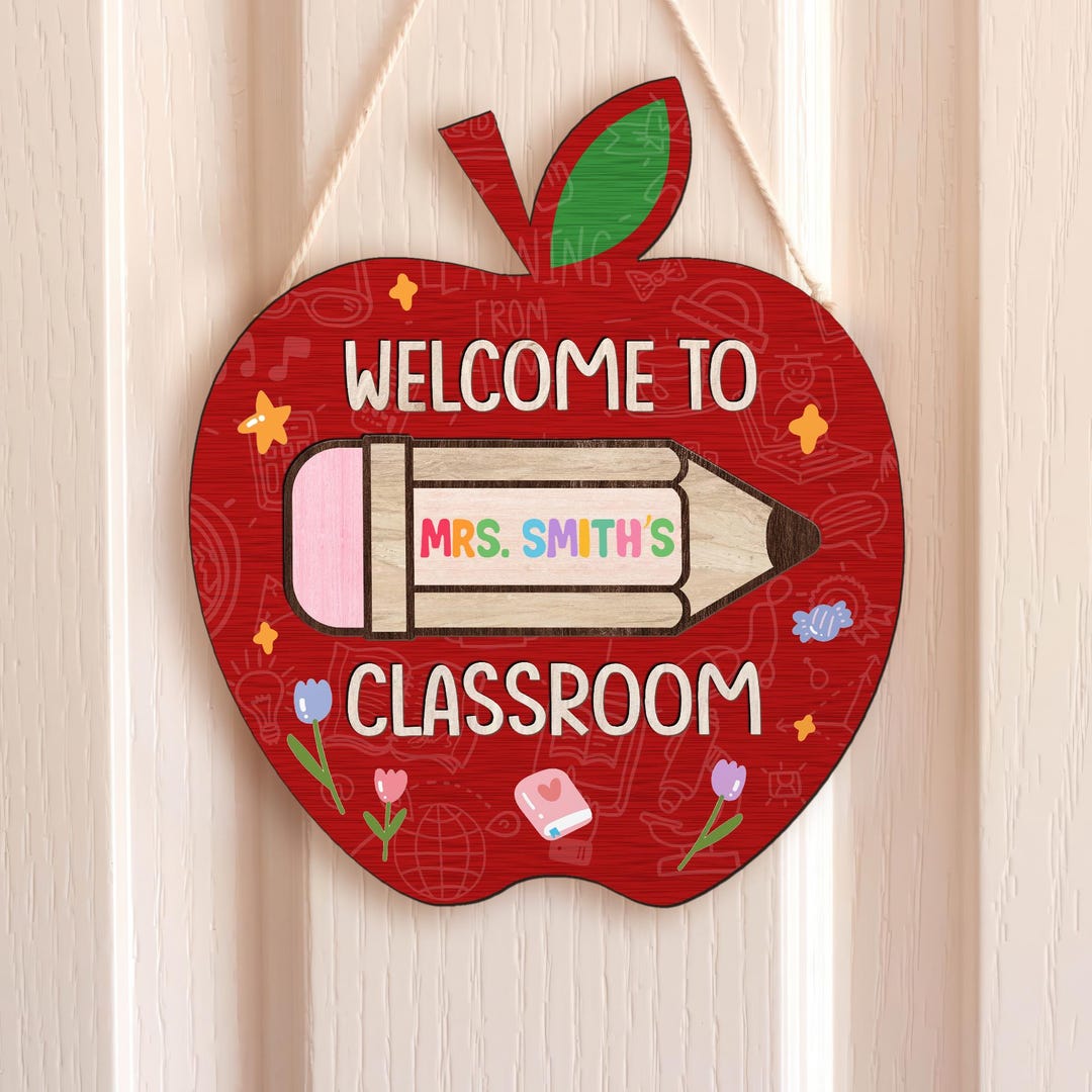 Personalized Teacher Door Sign, Custom 3D Apple Door Hanger, Teacher ...