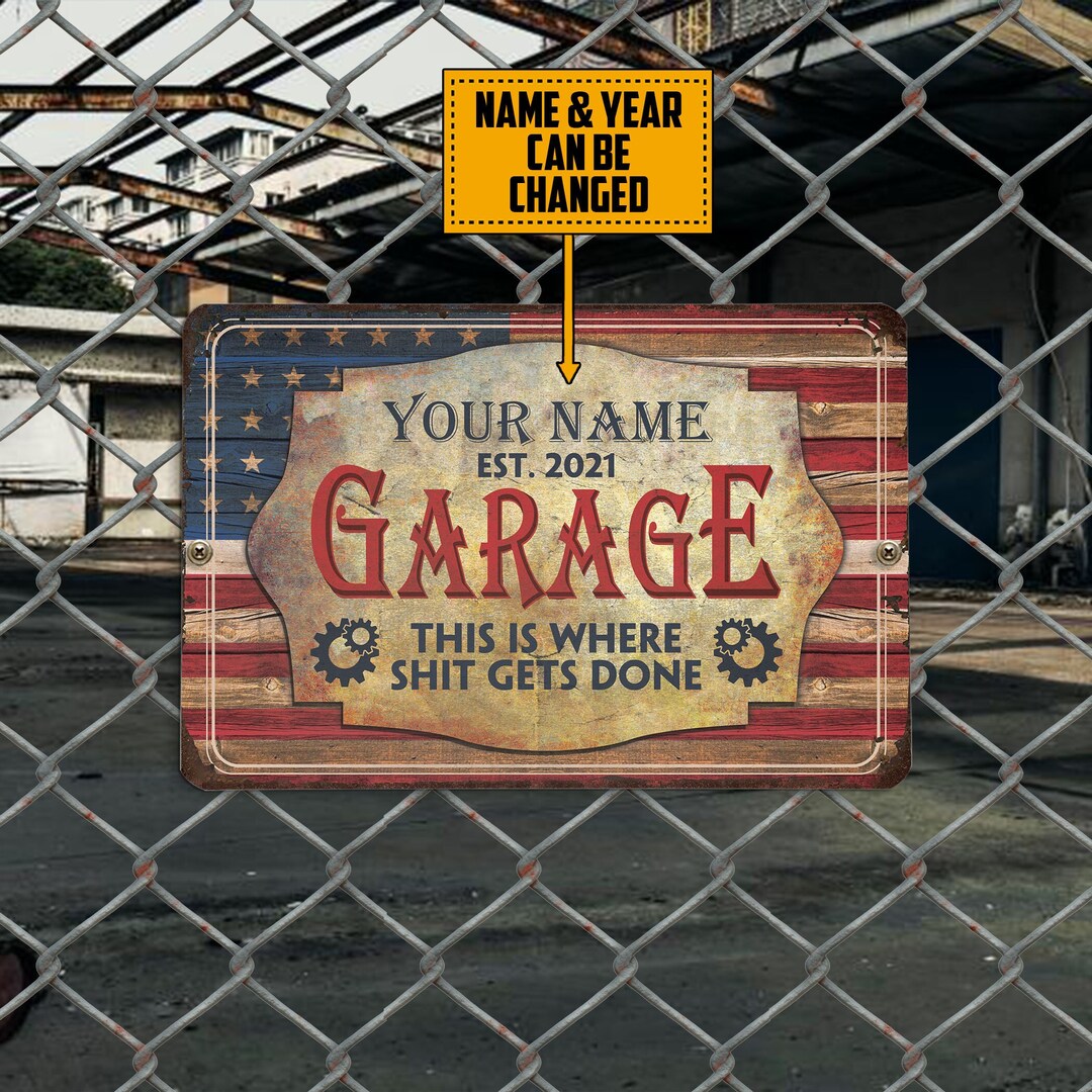 Garage Metal Sign, Mechanic Workshop Sign, Rustic American Flag Garage ...