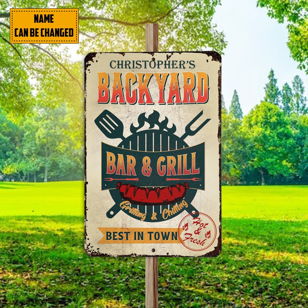 Personalized Backyard Bar & Grill Metal Sign, Grilling Hot and Fresh ...