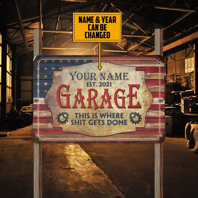 Garage Metal Sign, Mechanic Workshop Sign, Rustic American Flag Garage ...