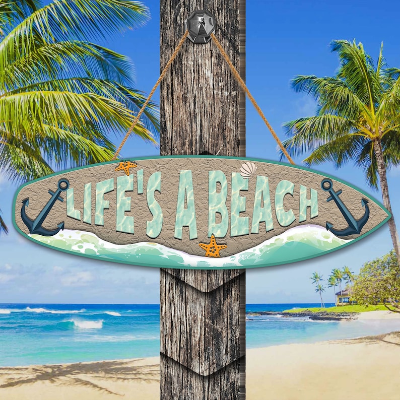 Life's A Beach Wood Sign, Wooden Surfboard, Welcome Beach Wooden Sign ...