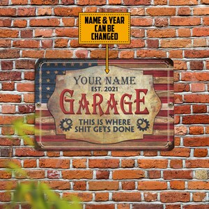 Garage Metal Sign, Mechanic Workshop Sign, Rustic American Flag Garage ...
