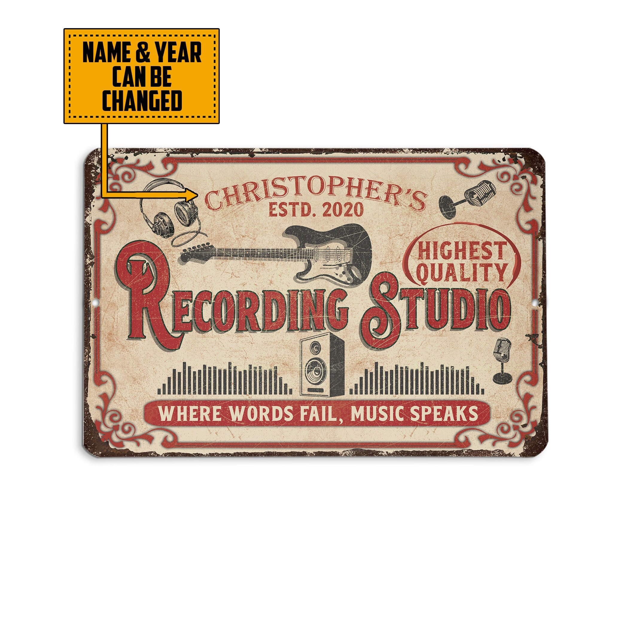 Recording Studio Retro Sign, Music Room Sign, Guitar Bass Sign, Studio ...