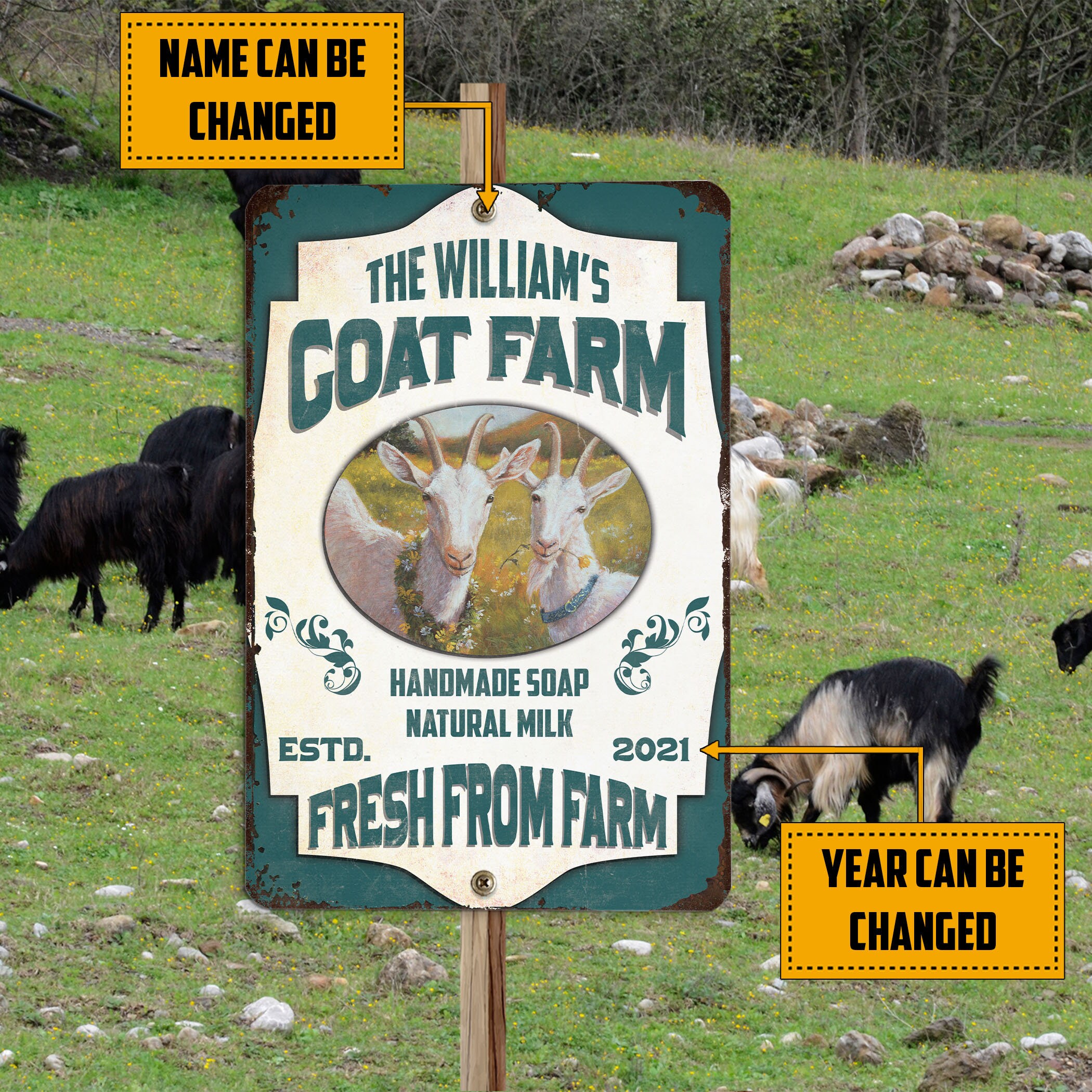 Goats Farm Fresh Milk Classic Metal Sign, Personalized Farm Fresh Sign ...