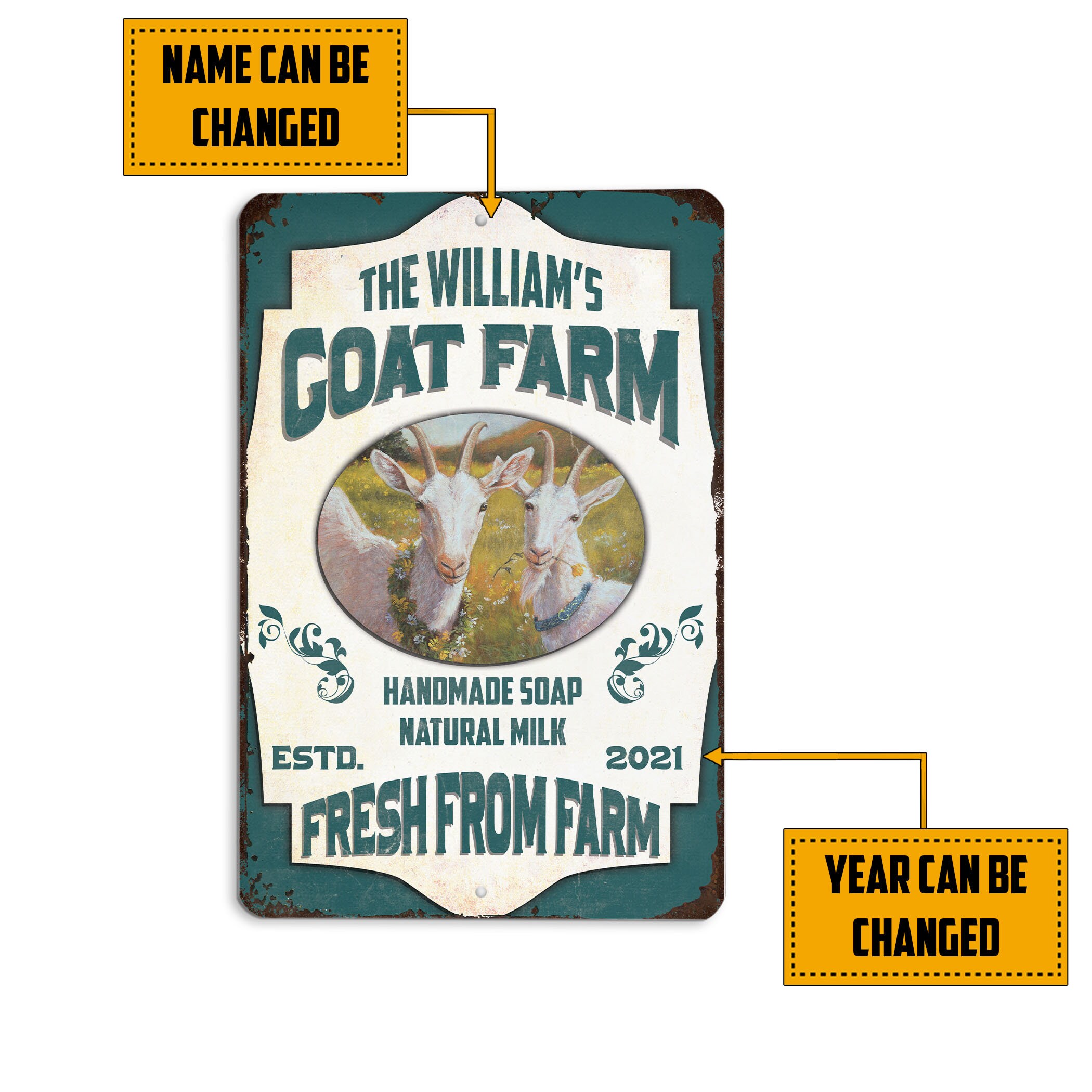 Goats Farm Fresh Milk Classic Metal Sign, Personalized Farm Fresh Sign ...
