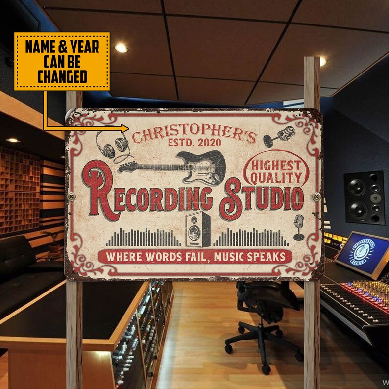 Recording Studio Retro Sign, Music Room Sign, Guitar Bass Sign, Studio ...