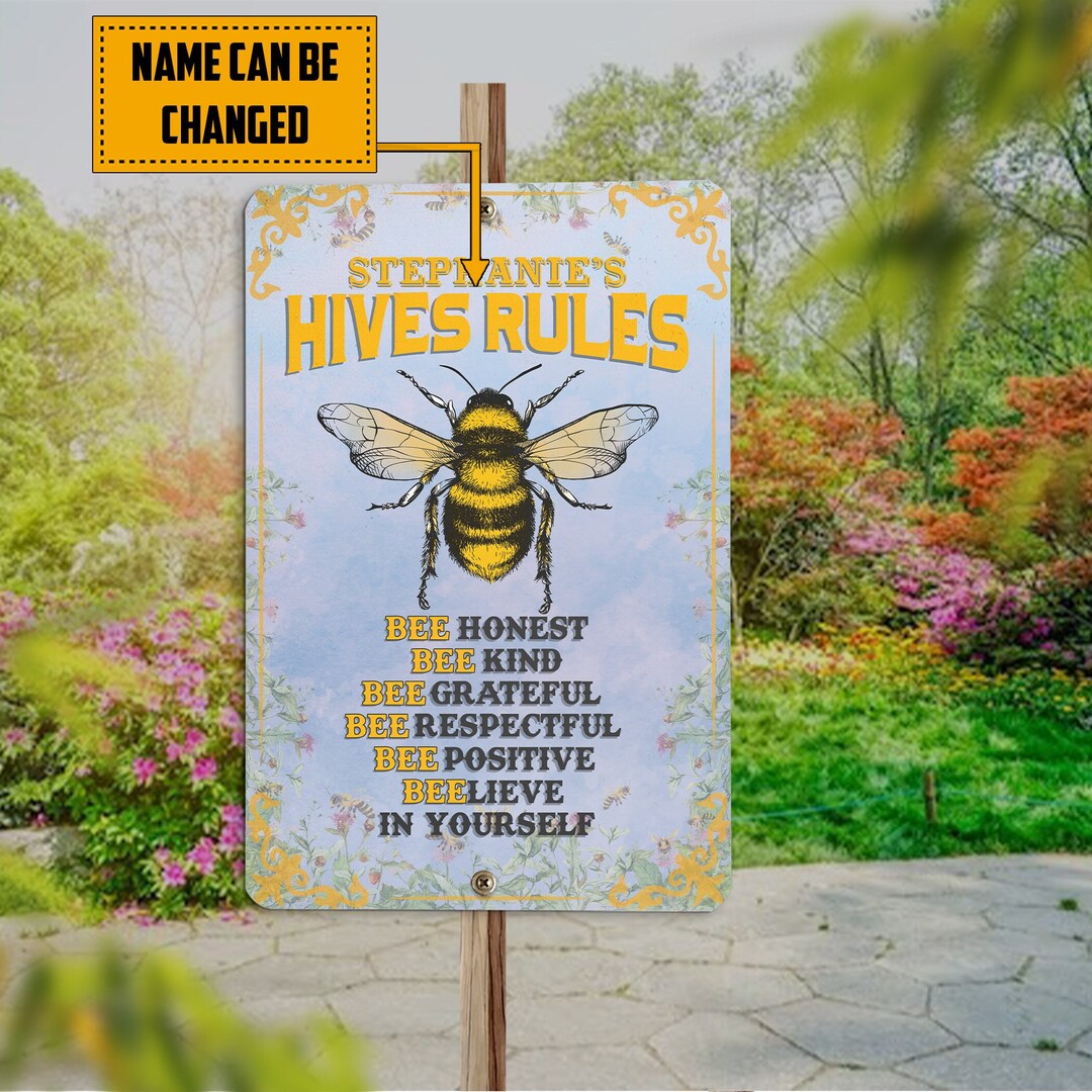 Personalized Honey Bee Hives Rules Metal Sign, Garden Bumblebee Sign ...