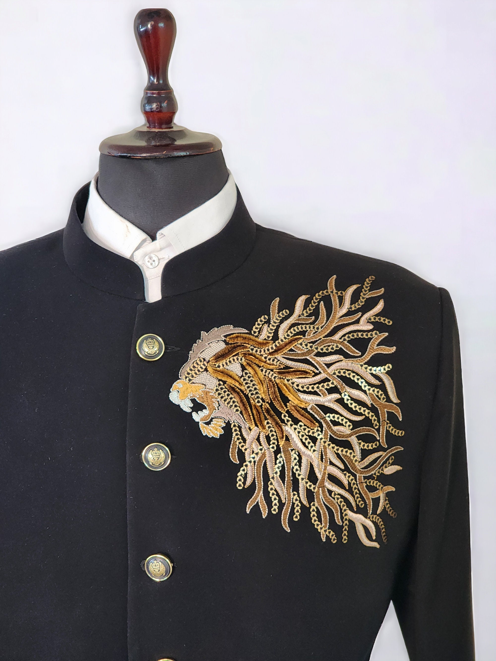 Men's Black 2 Piece Bespoke Lion Hand Embroidered Designer Indo Western ...