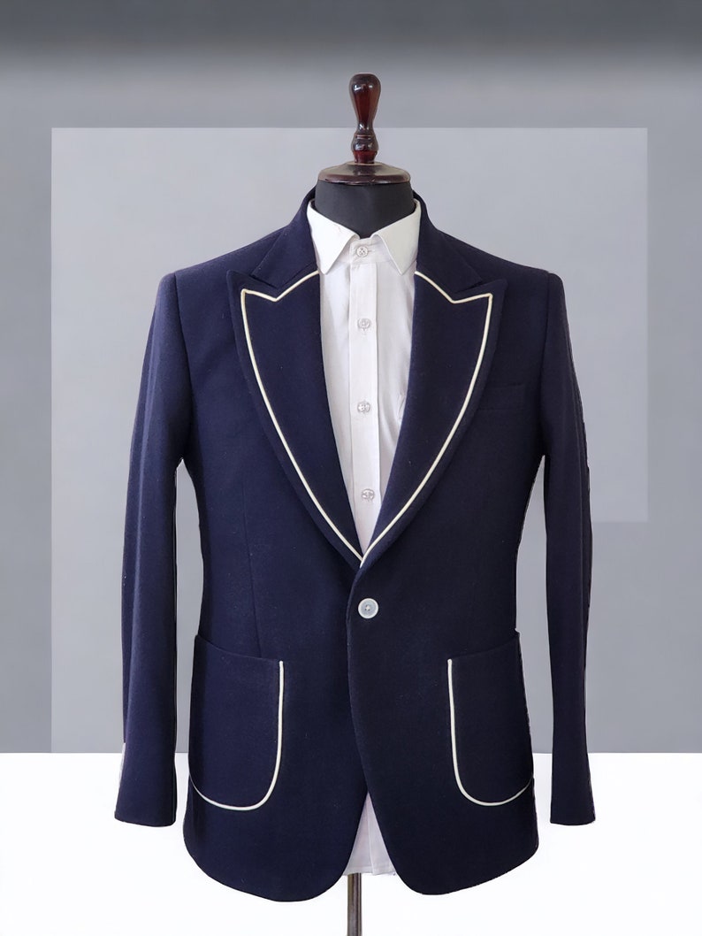 Men's Woolen Navy Blue 2pc Bespoke White Piping Peak Lapel Tuxedo ...