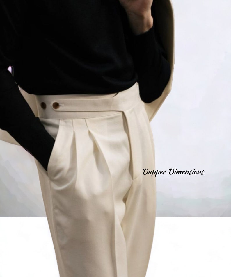 Customized Men Dress Pants Ivory Cotton High Waist Regular Fit Side ...