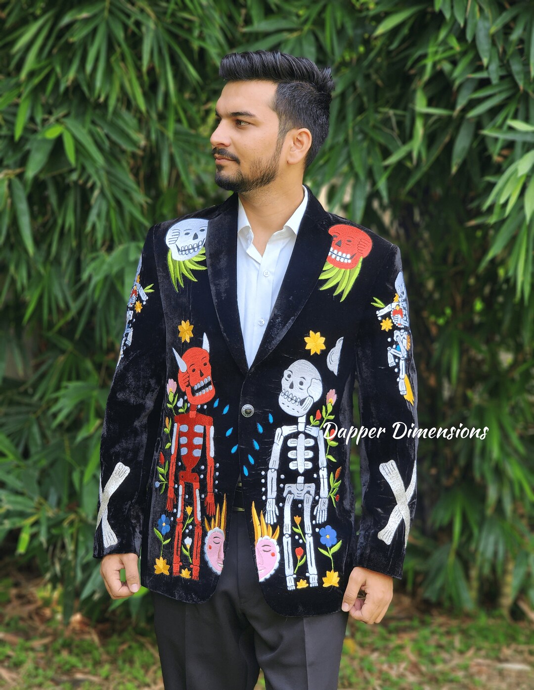 Men's 2pc Black Velvet Bespoke Skeleton Embroidered Country Western ...