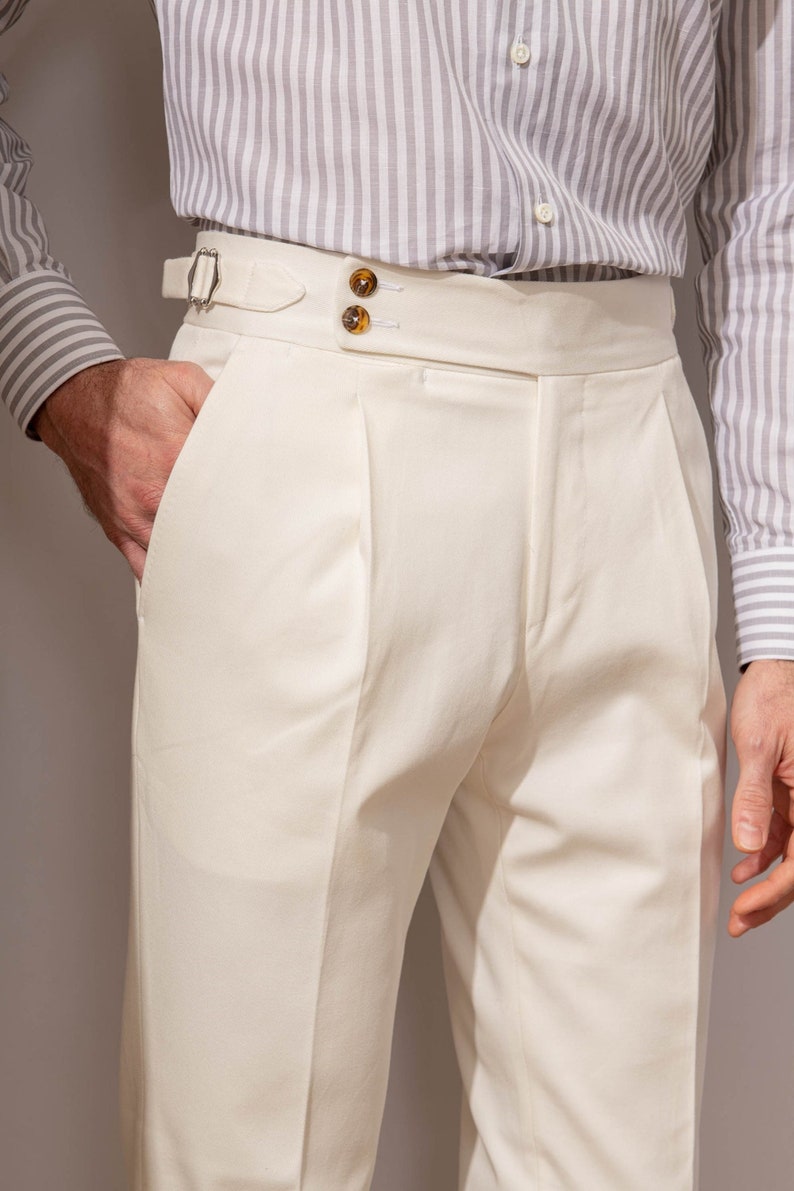Men's Custom Made White Cotton Bespoke Gurkha Pants Single Pleated With ...