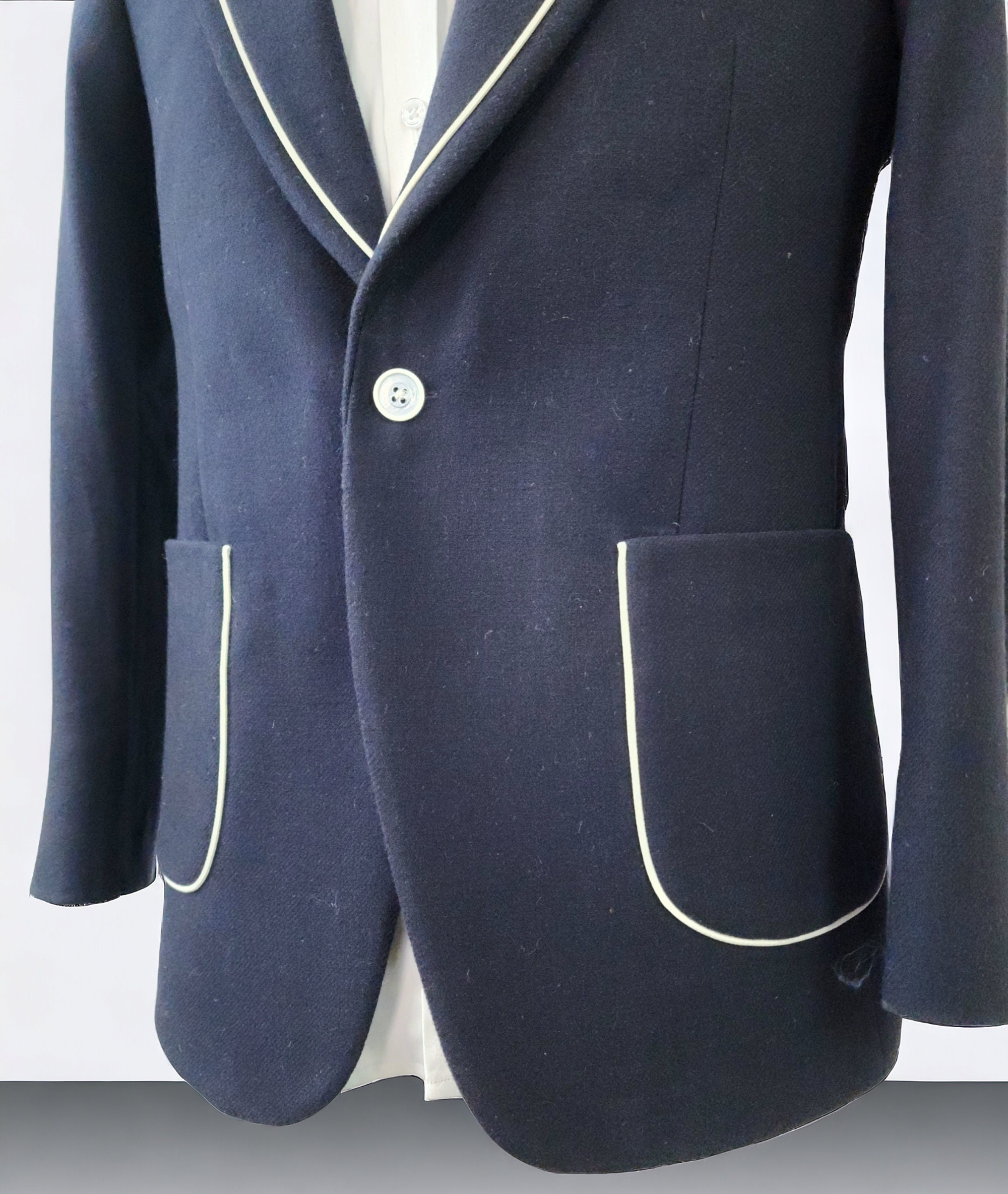 Men's Woolen Navy Blue 2pc Bespoke White Piping Peak Lapel Tuxedo ...