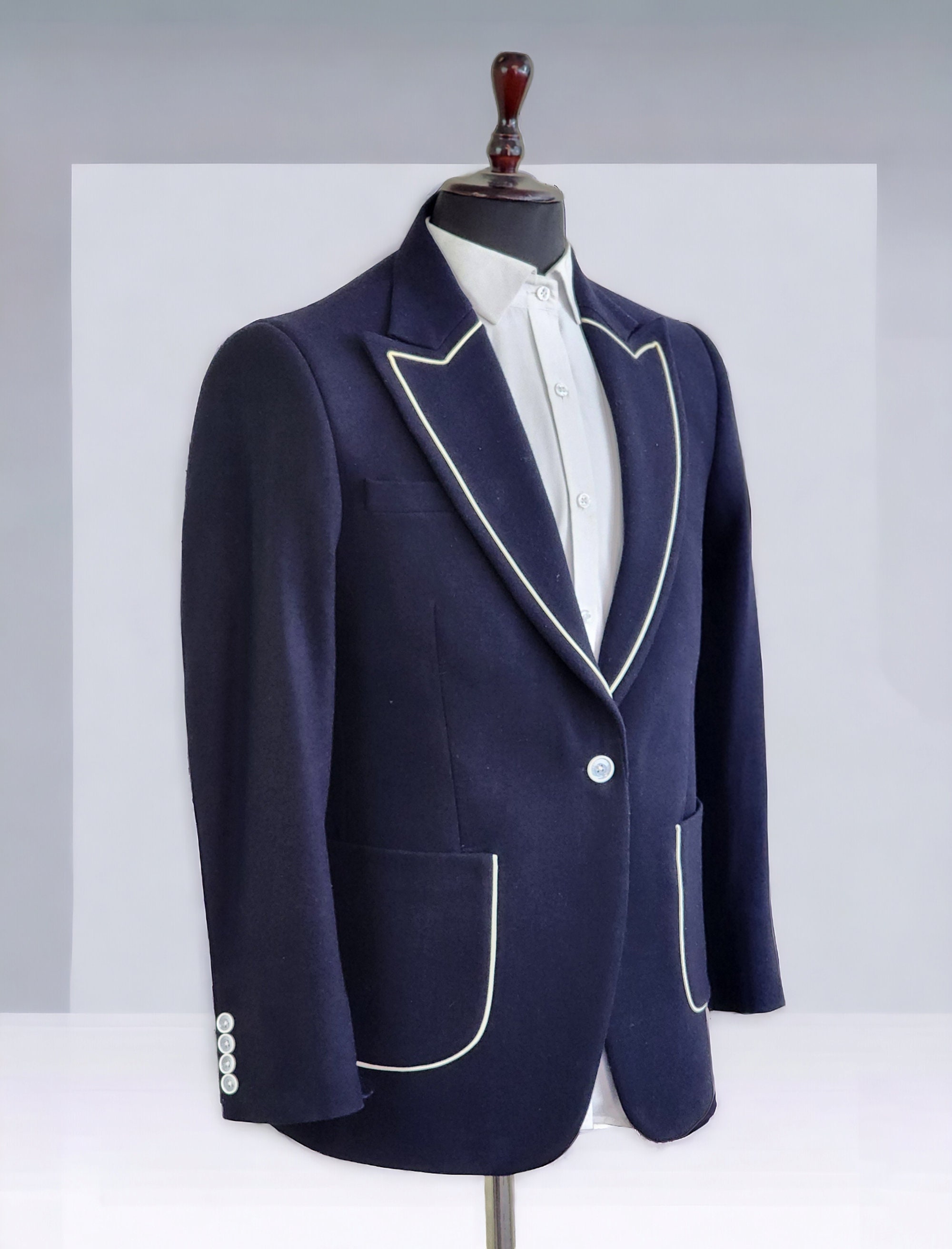 Men's Woolen Navy Blue 2pc Bespoke White Piping Peak Lapel Tuxedo ...