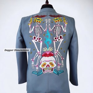 Men's 2pc Gray Cowboy Nudie Suit: Embroidered Skeleton Rhinestone ...