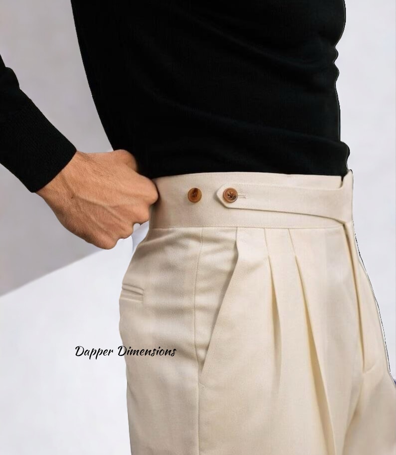 Customized Men Dress Pants Ivory Cotton High Waist Regular Fit Side Button Closure With Cuff