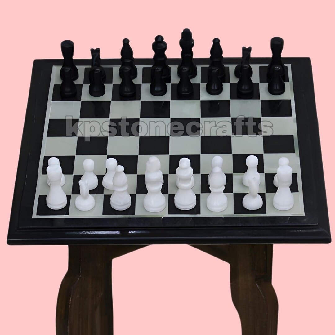 Vintage Black Marble Chess Set Inlaid With Semi-precious Stones ...