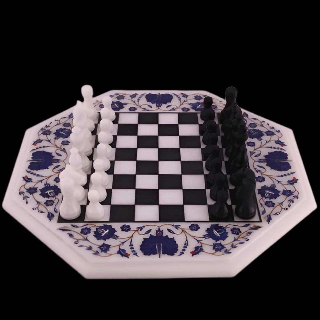 Octagonal White Marble Chess Board Table Inlaid With Floral Design ...