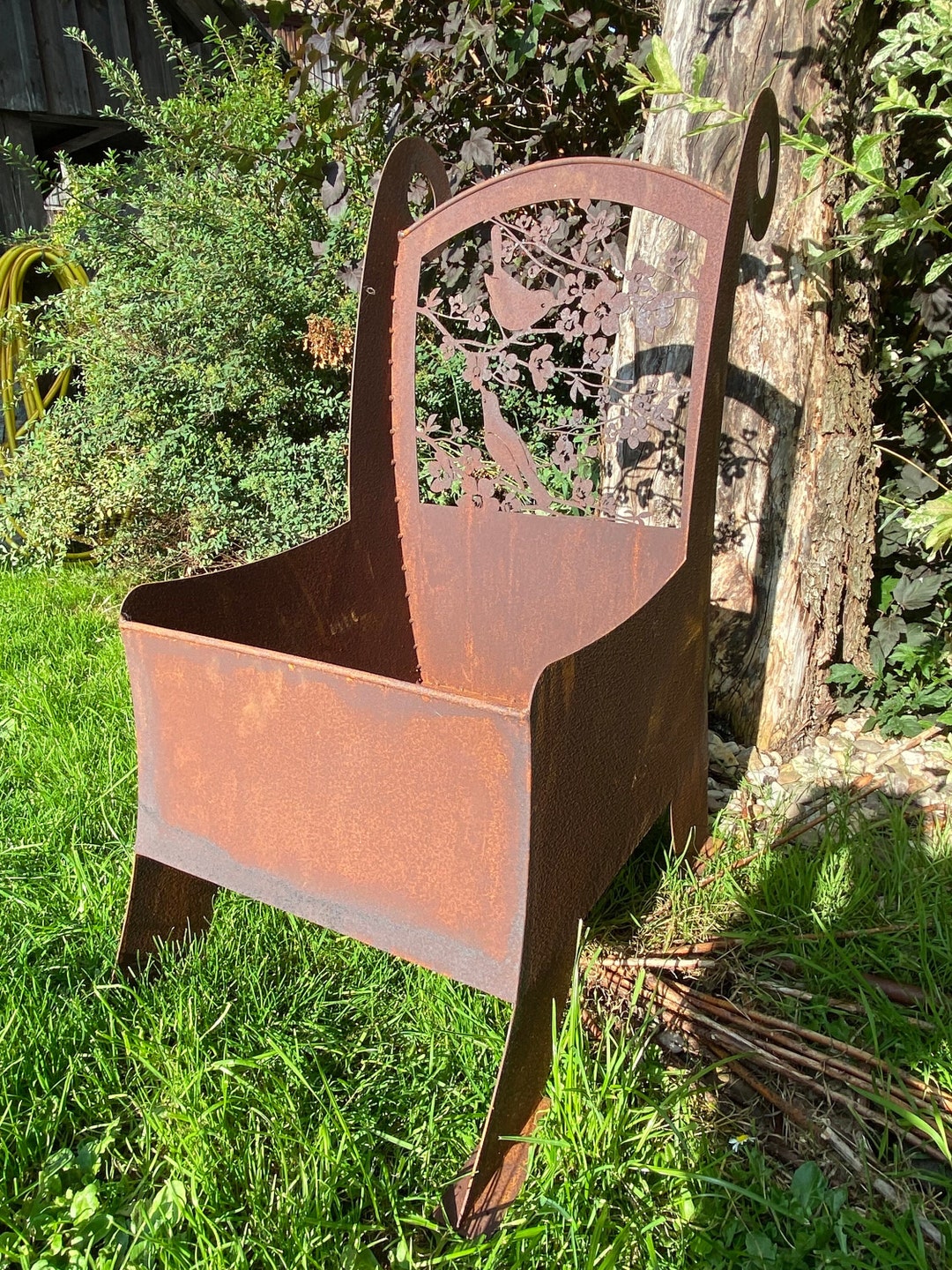 Patina Plant Chair With Filigree Bird Motif and Flowering Branches ...