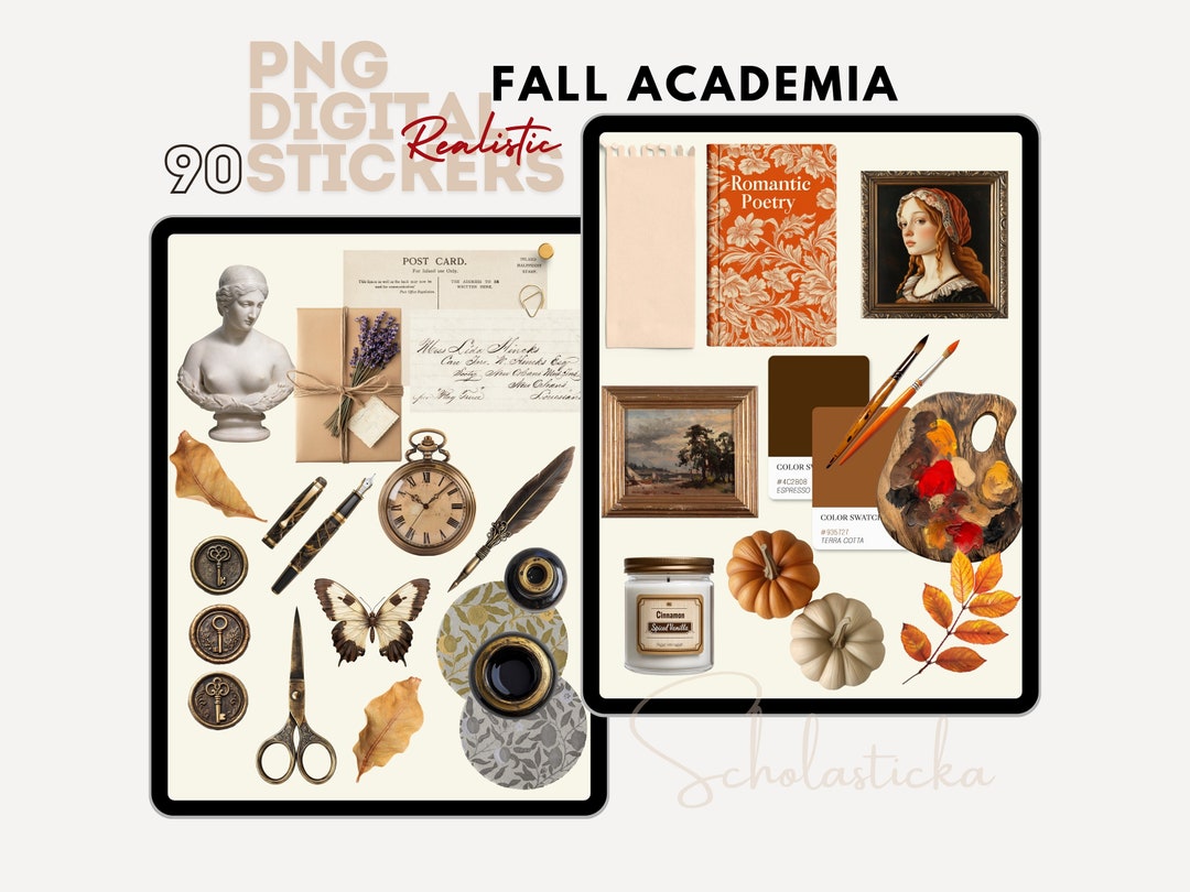Fall Academia Realistic Stickers Set - PNG and Goodnotes File - Dark ...
