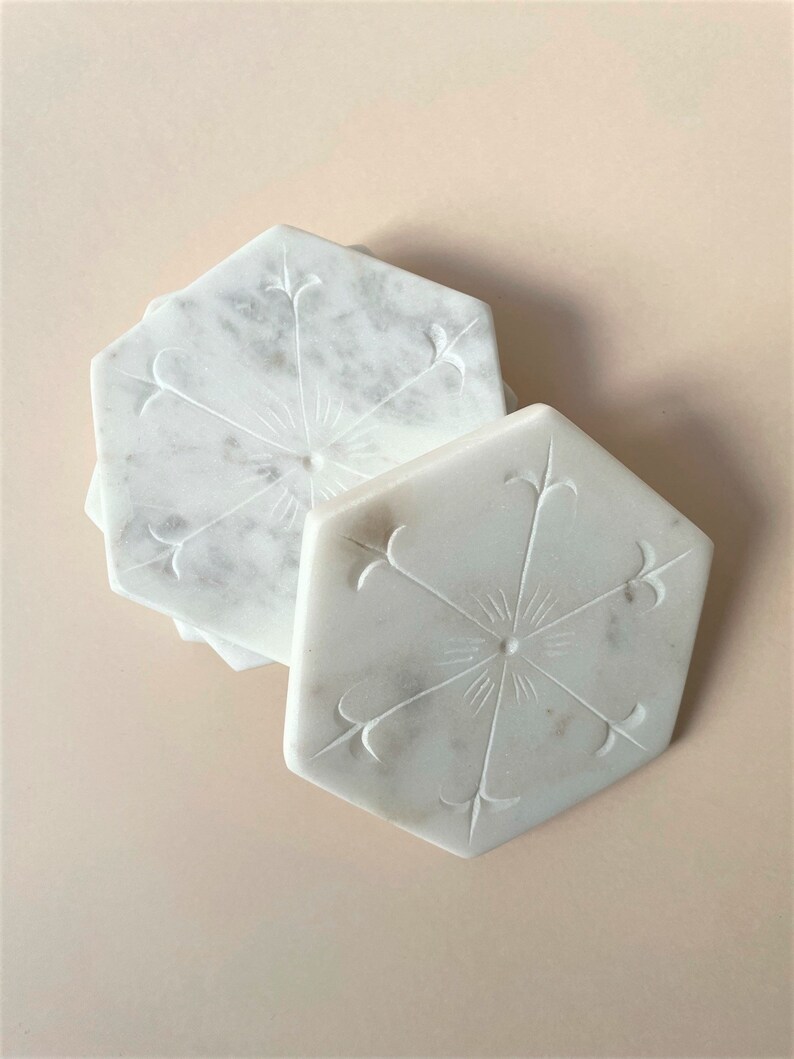White Marble Coaster Set of 4, Hexagonal Snowflake Coasters, Decorative ...