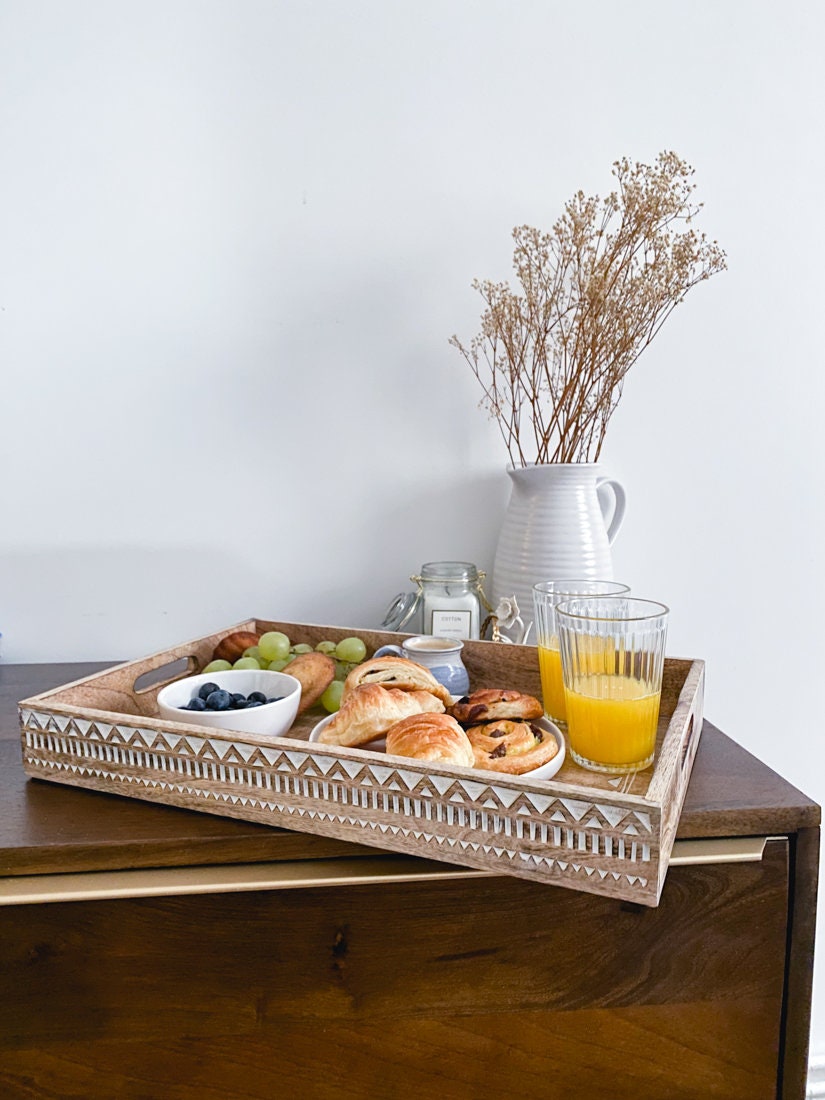 Carved Wood Tray, Whitewash Tray, Wood Serving Decorative Tray, Food ...