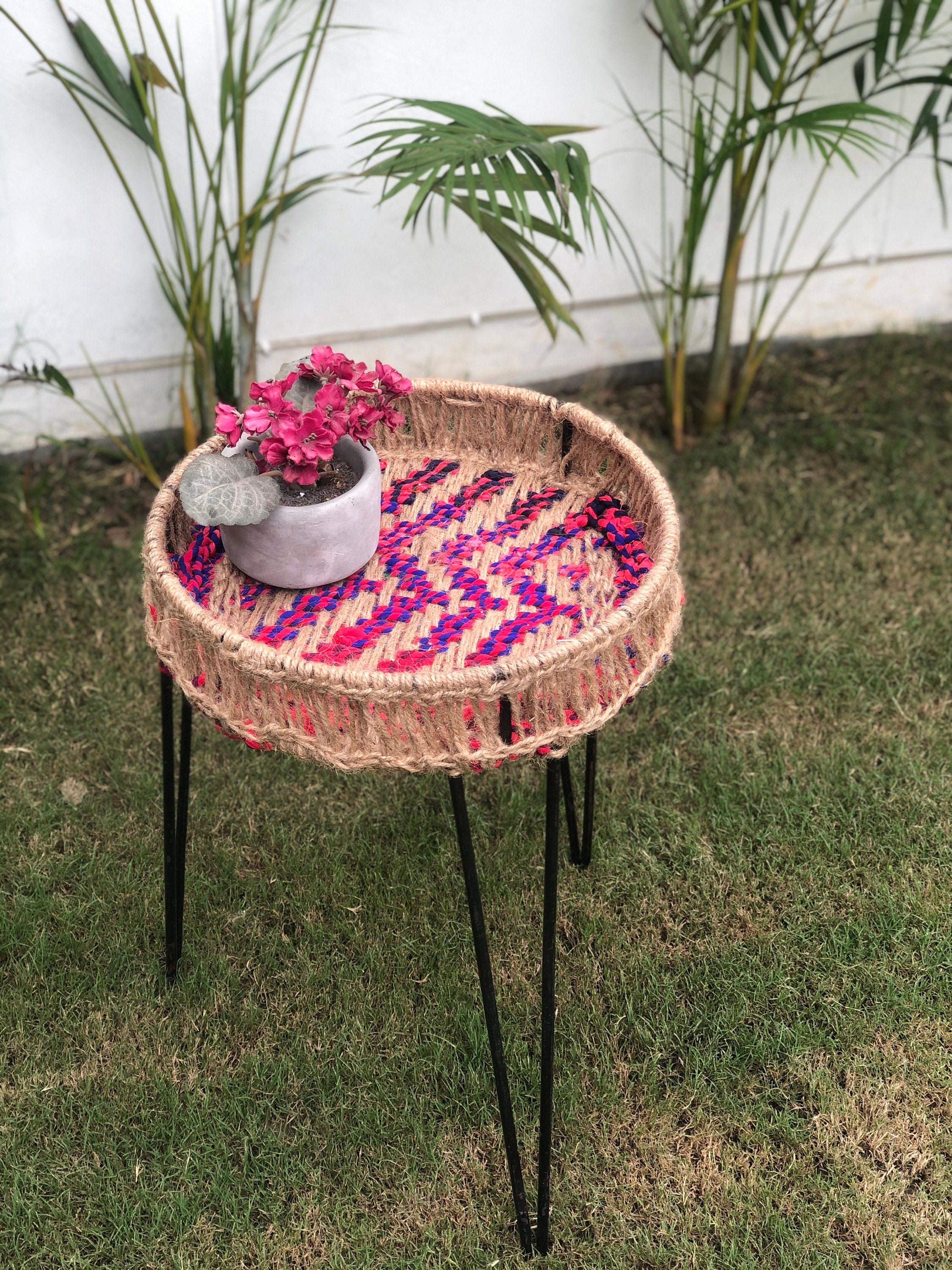 Pink Chindi Metal Small Table, Jute Weave Handwoven Table, Small Round ...